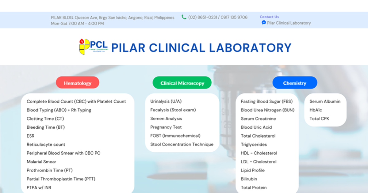 PCL Services Offered & Laboratory Test Information